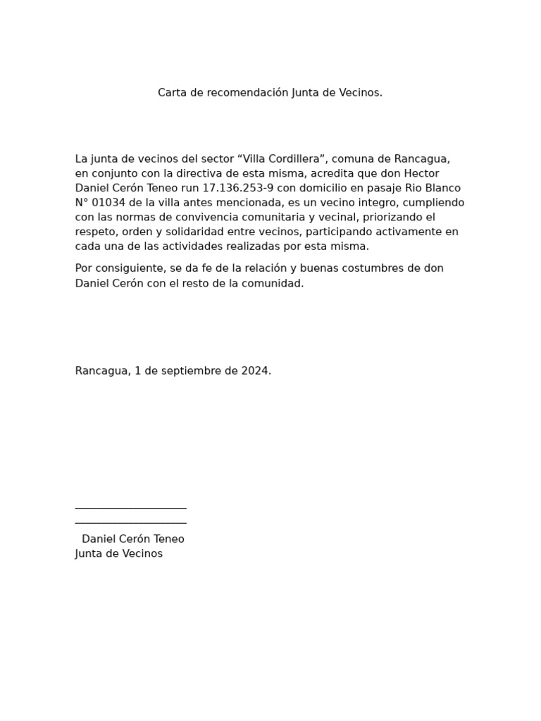 Carta de Recomendación Junta de Vecinos | PDF