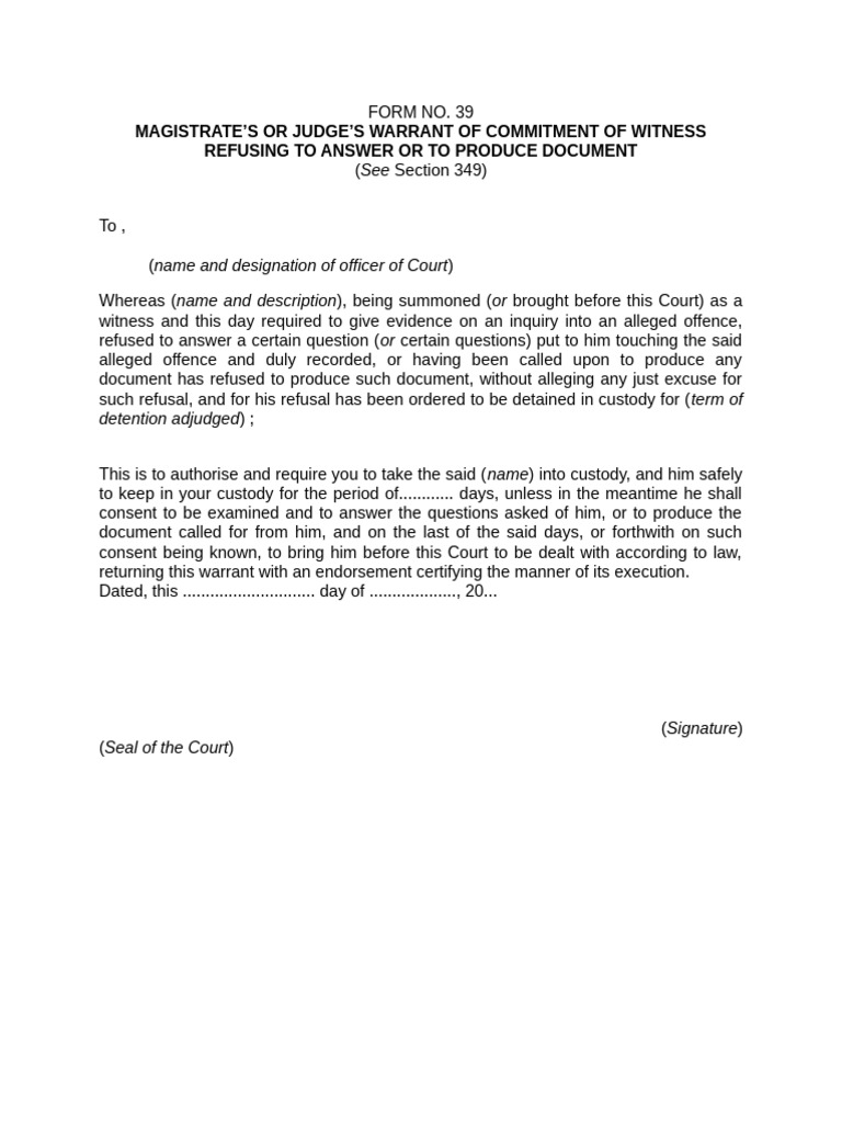 Magistrate's or Judge's Warrant of Commitment of Witness Refusing To ...