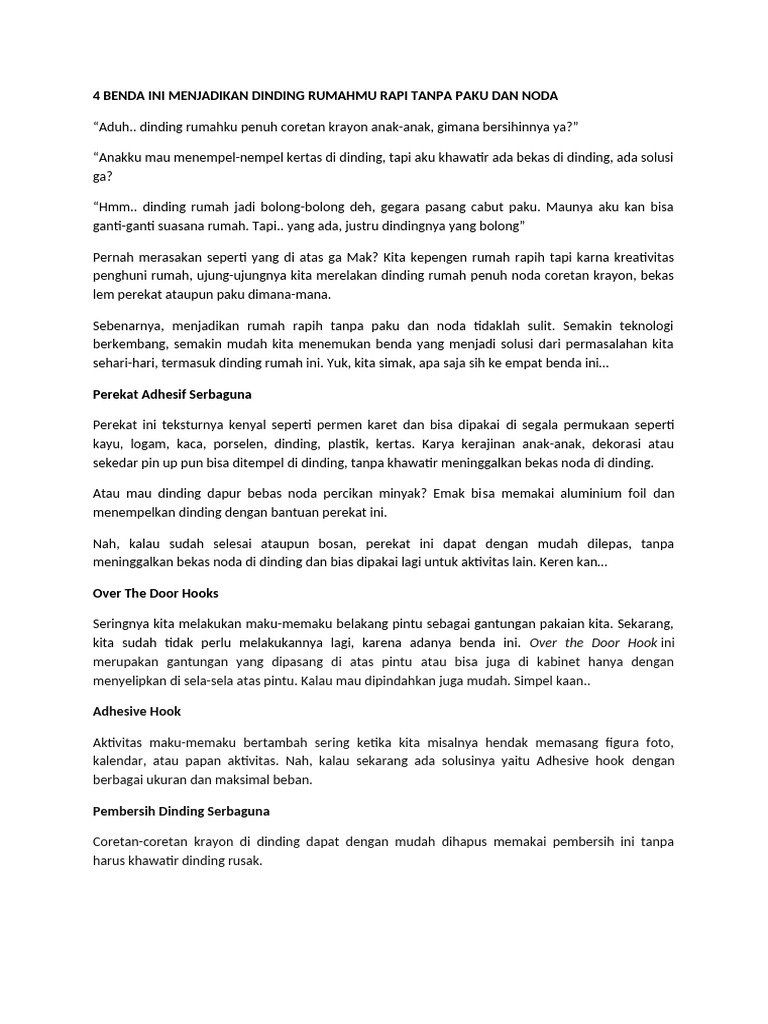 4 Benda Ini Menjadikan Dinding Rumahmu Rapi Tanpa Paku Dan Noda | PDF