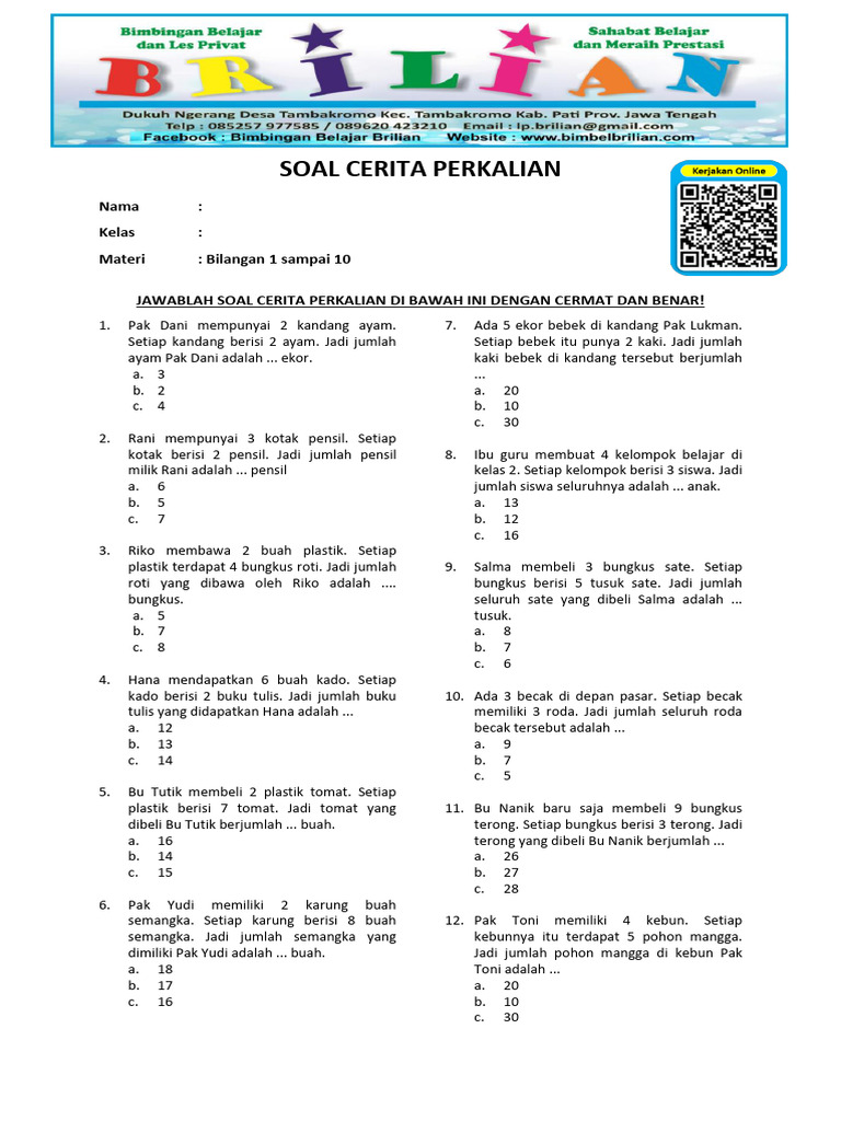 Soal Cerita Perkalian Level 1 Kelas 2 SD Bilangan 1 Sampai 10 | PDF
