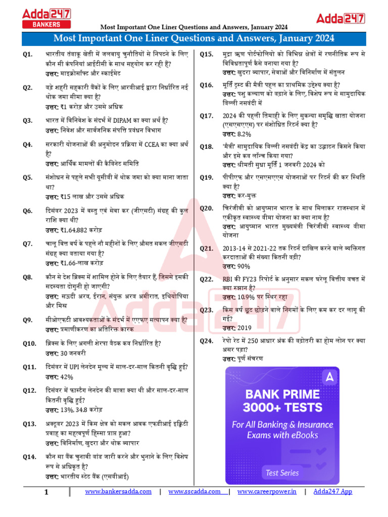 Most-Important-Oneliners-Questions-and-Answers-January-2024-1 | PDF