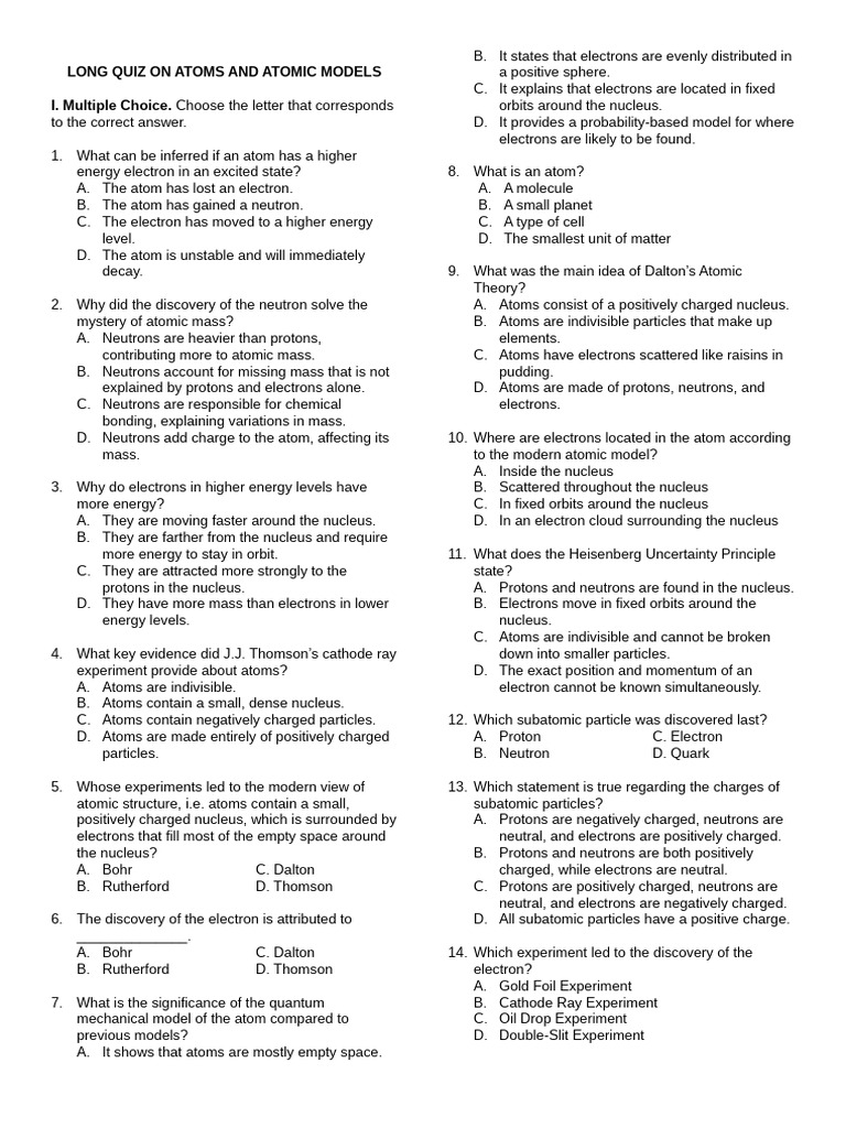 Long Quiz On Atoms and Atomic Models | PDF