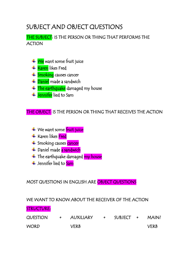 SUBJECT AND OBJECT QUESTIONS 1st EXPLANATION | PDF