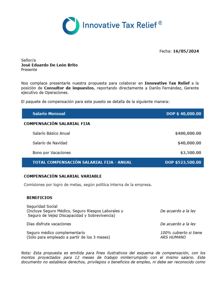Carta de Oferta - José Eduardo de León Brito | PDF | Finanzas y dinero
