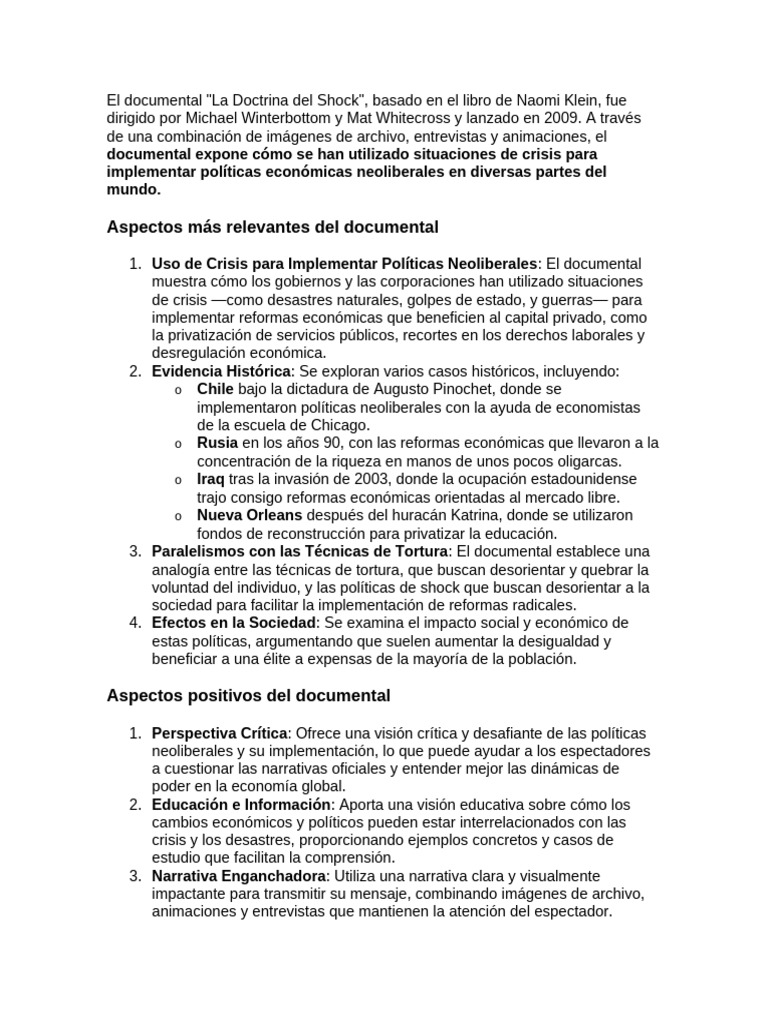 El Documental La Doctrina Del Shock | PDF