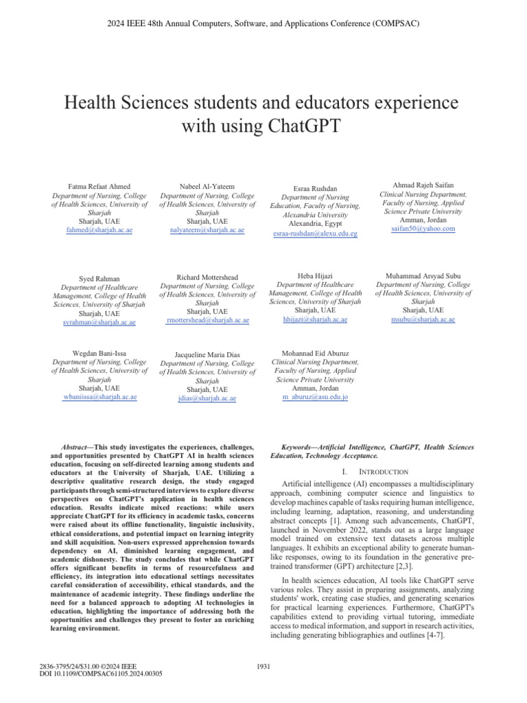 IEEE 2024 Health Sciences students and educators experience with using ...