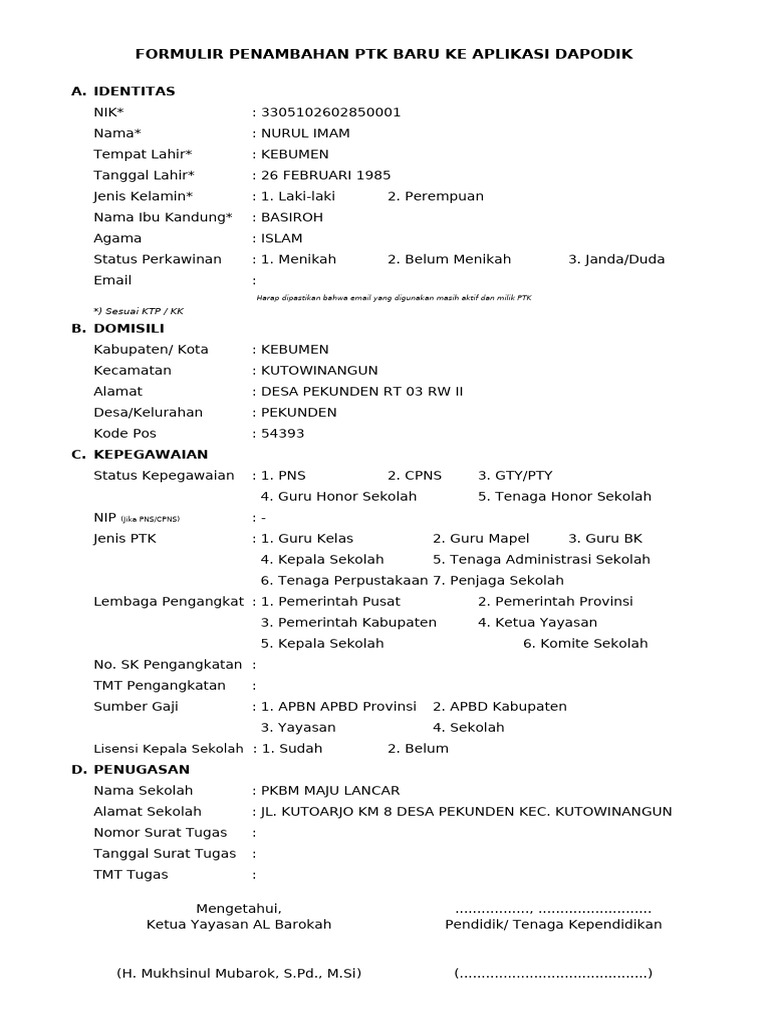 Form Tambah PTK PKBM | PDF