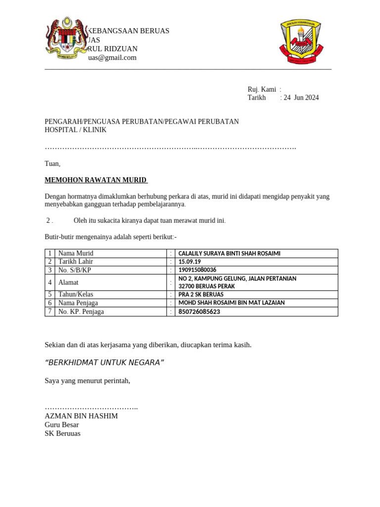 Surat Rawatan Murid | PDF