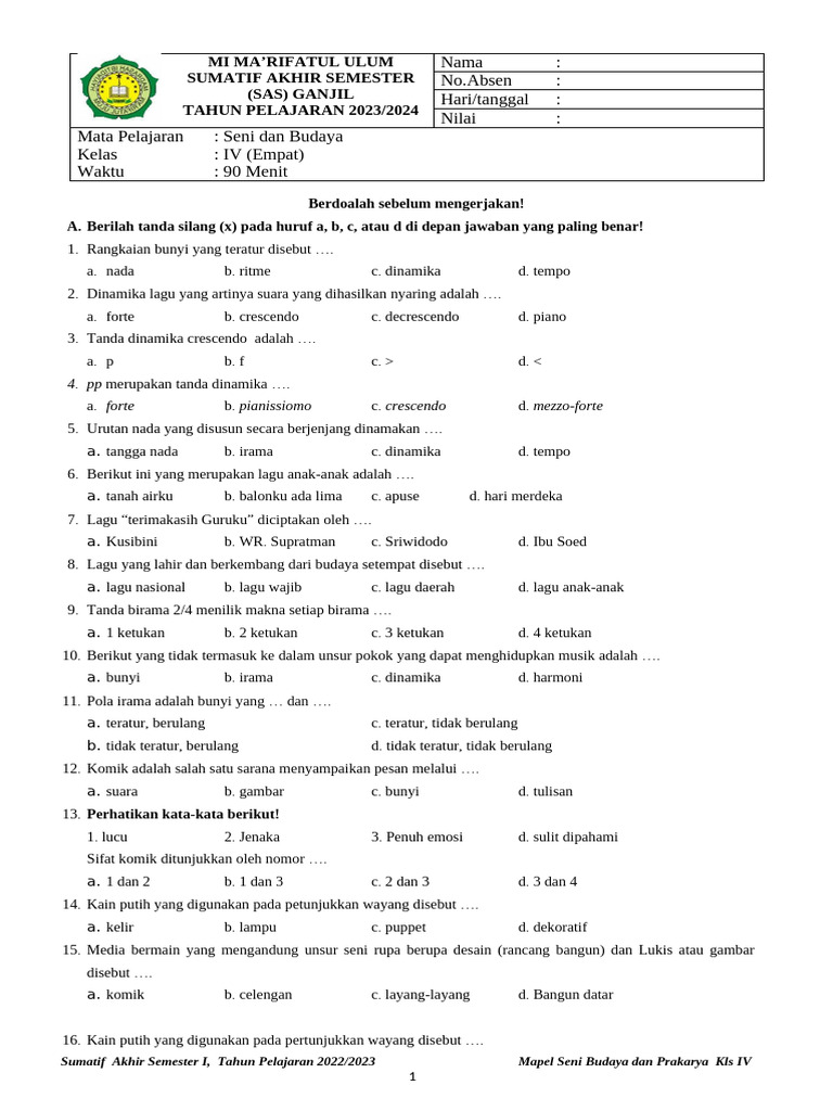 Sas Seni Budaya Kelas 4 | PDF