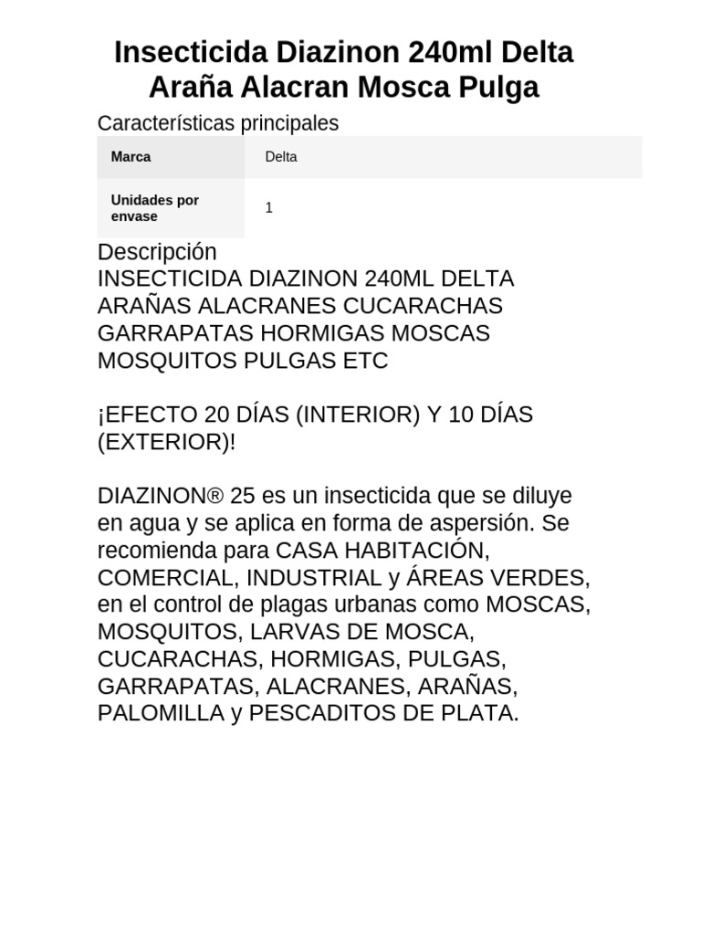 Insecticida Diazinon Delta 240ml - Proporciones - para Araña Alacran ...