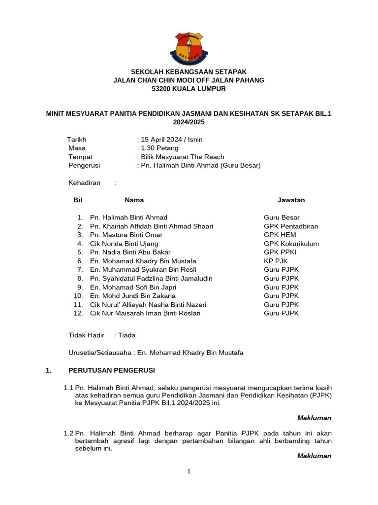 Minit Mesyuarat PJPK Kali 1 2024-2025 | PDF