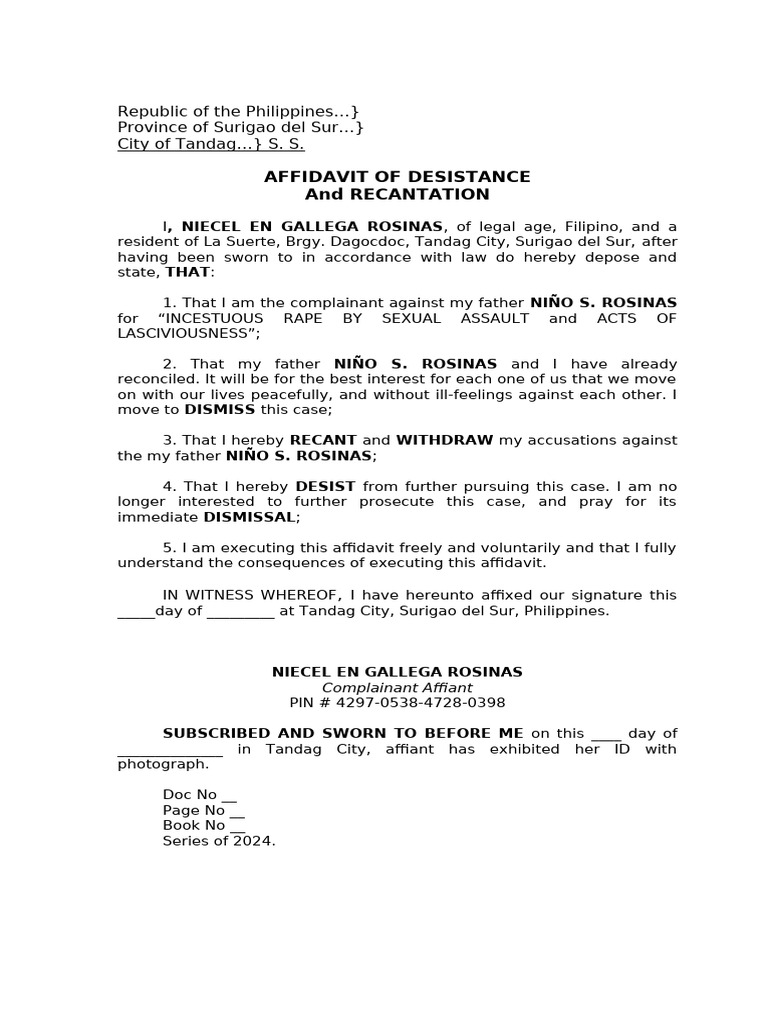 AFFIDAVIT OF DESISTANCE AND RECANTATION-NEICEL EN ROSINAS | PDF AFFIDAVIT OF DESISTANCE AND RECANTATION-NEICEL EN ROSINAS | PDF