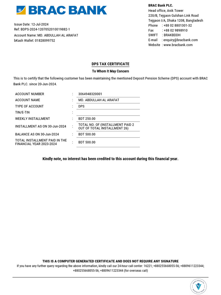 Dps Tax Certificate | PDF