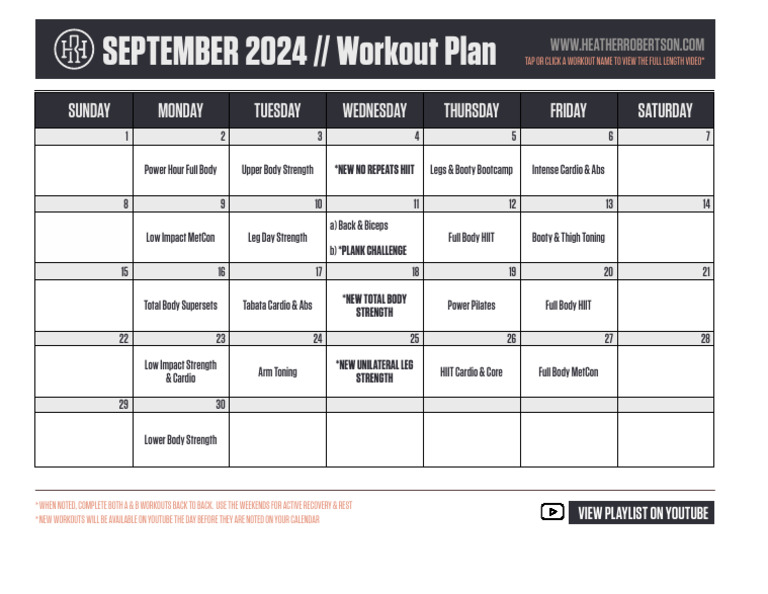 HR Sept Workout Calendar 2024 | PDF