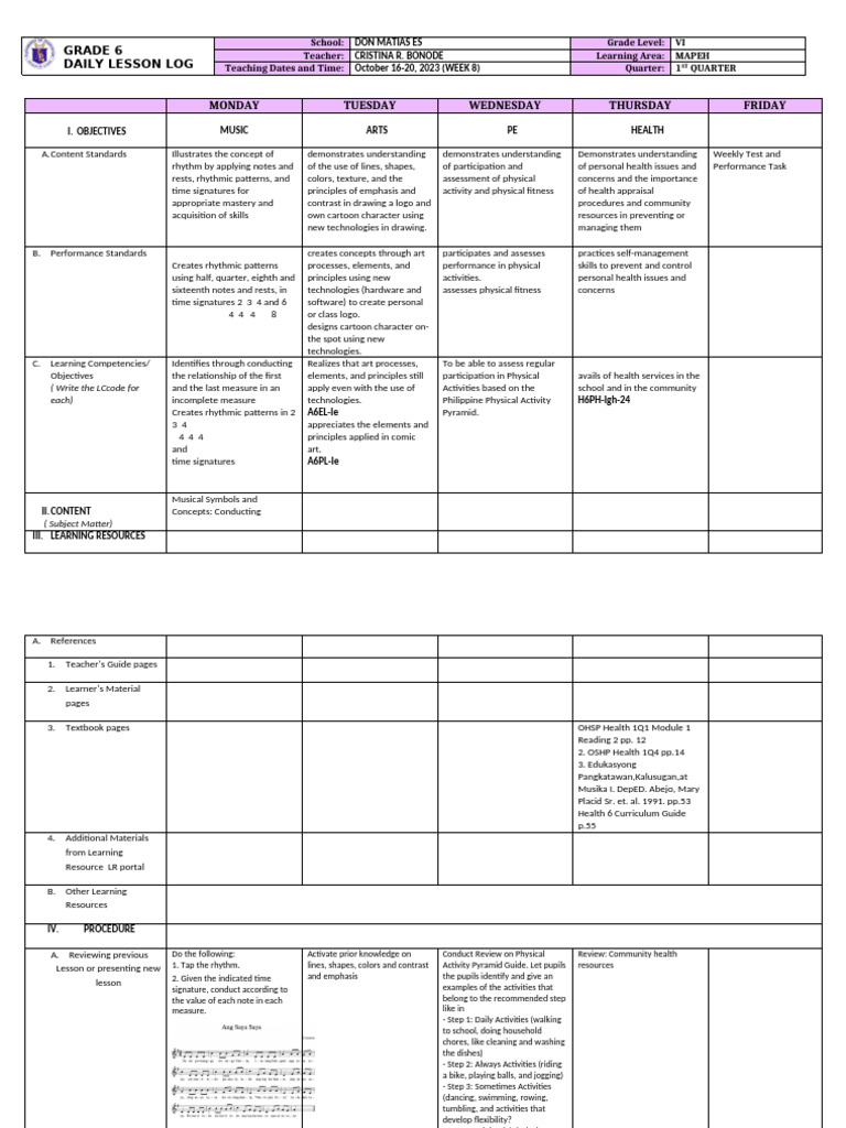 DLL - Mapeh 6 - Q1 - W8 | PDF