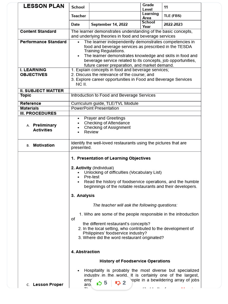 1 DLP Fbs Lesson Plan About Food and Beverage Services - Compress | PDF