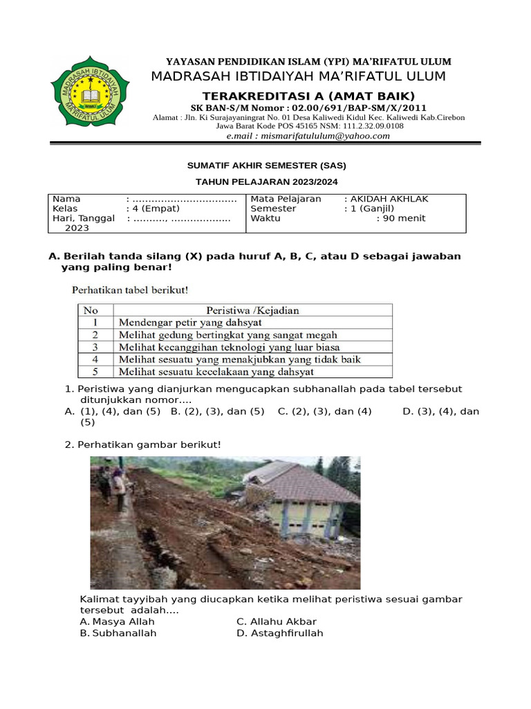 Soal Pas Aa Kelas 4 Mi - Kma 183 | PDF