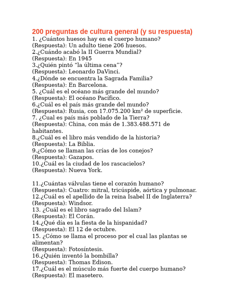 200 Preguntas de Cultura General (Y Su Respuesta) | PDF | Ciencias ...