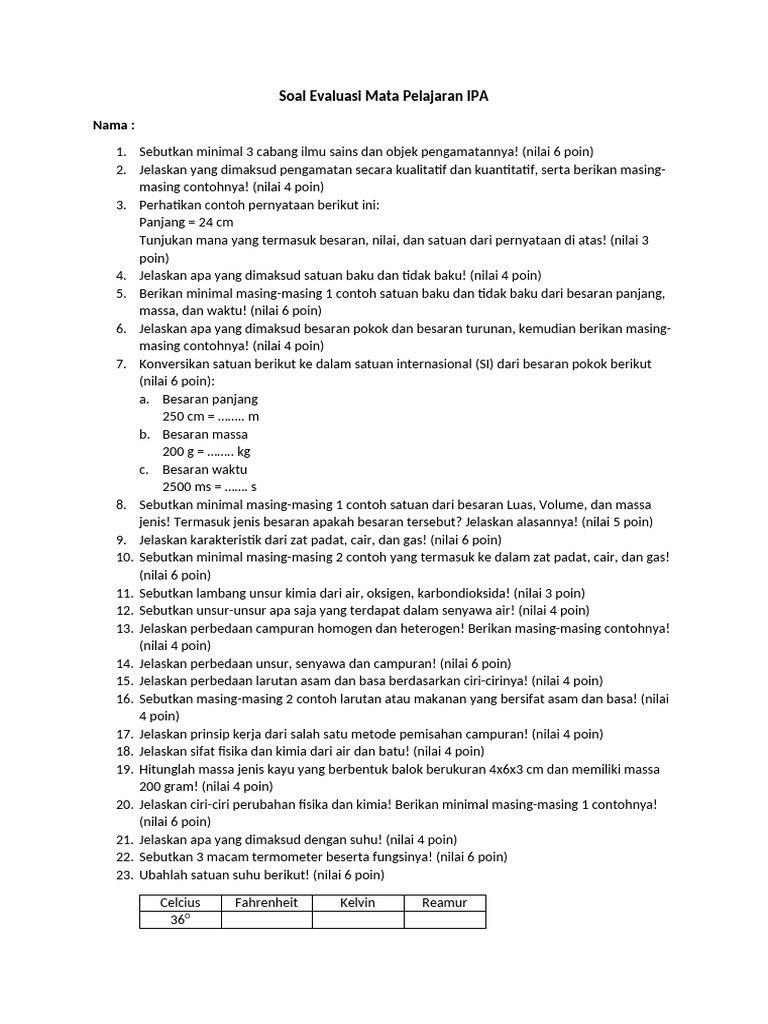 Soal Evaluasi Mata Pelajaran IPA (All BAB) | PDF