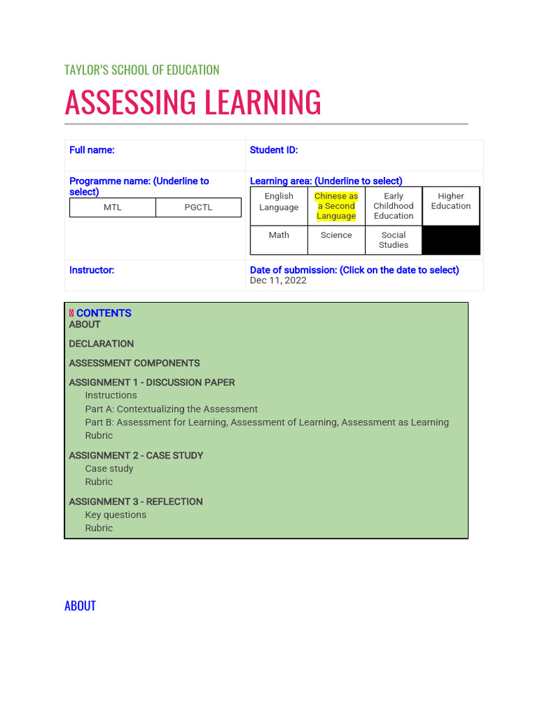 Assignment Brief and Template (Assessing Learning) | PDF