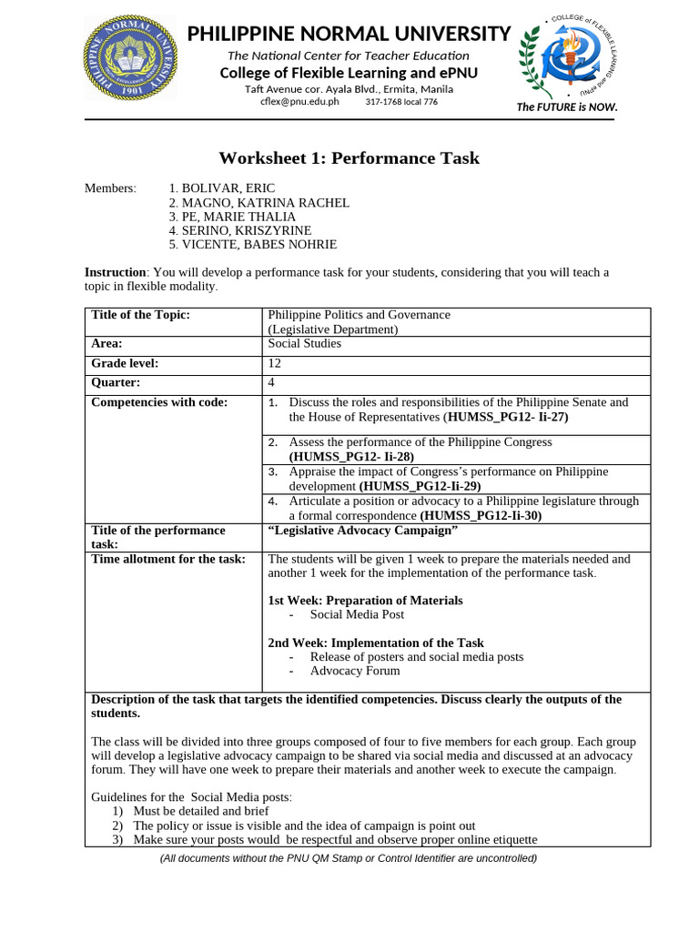 Worksheet 1 Performance Task 1 | PDF