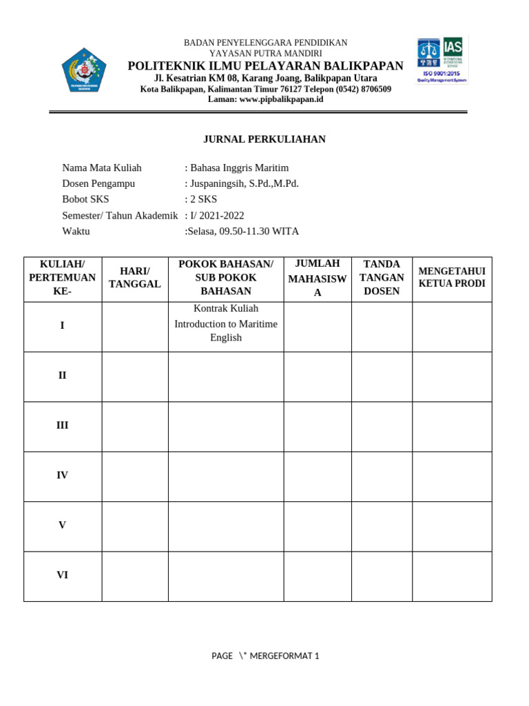 Jurnal Perkuliahan KPNK 2022-2023 | PDF