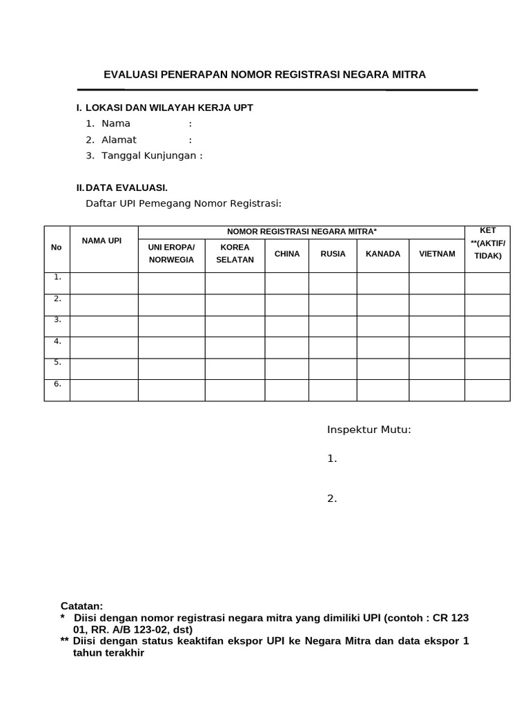 Form - EVALUASI PENERAPAN NOMOR REGISTRASI NEGARA MITRA | PDF