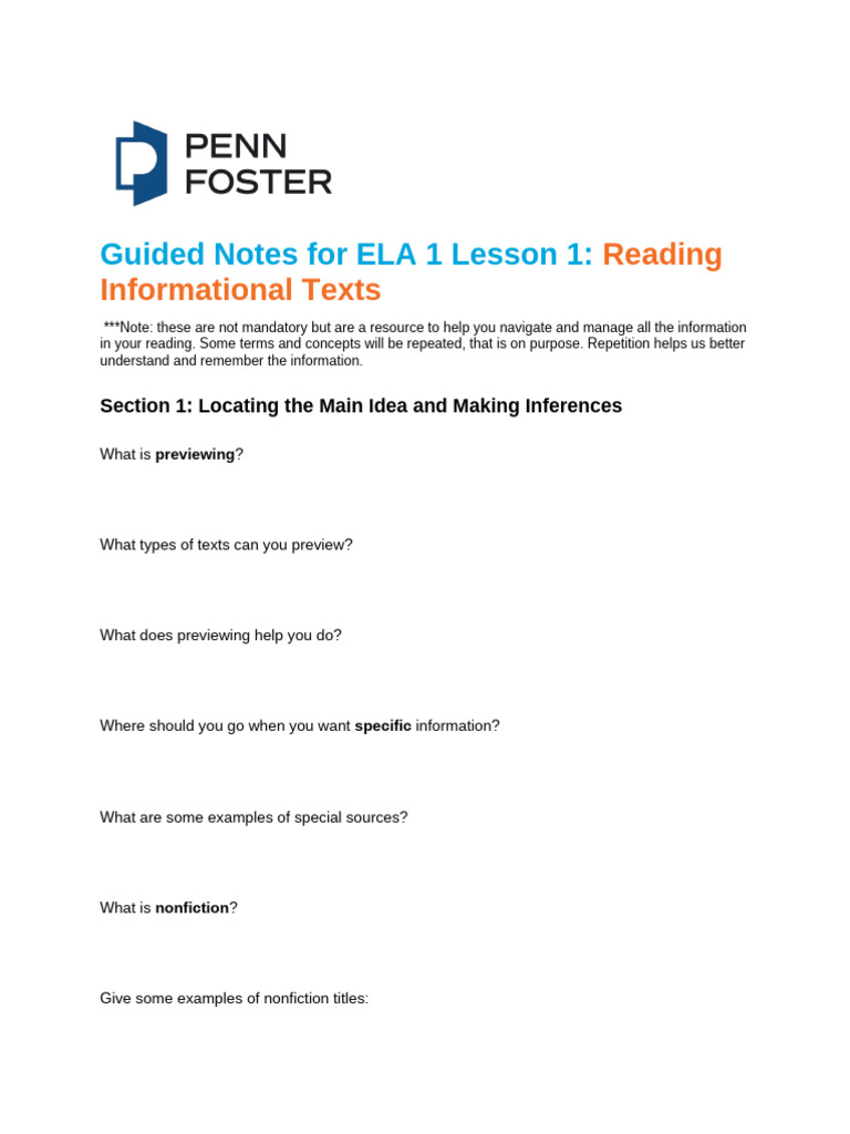 Ela 1 Lesson 1 Guided Notes 1 | PDF