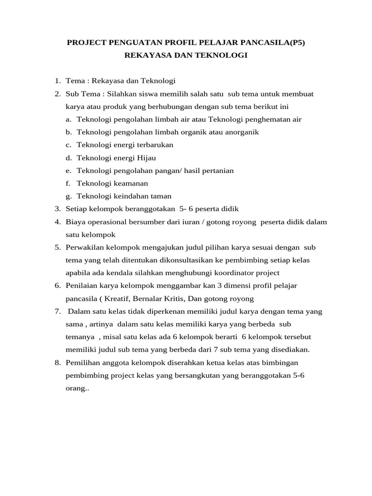 Panduan Pemilihan Sub Tema Project P5 Rekayasa Dan Teknologi | PDF
