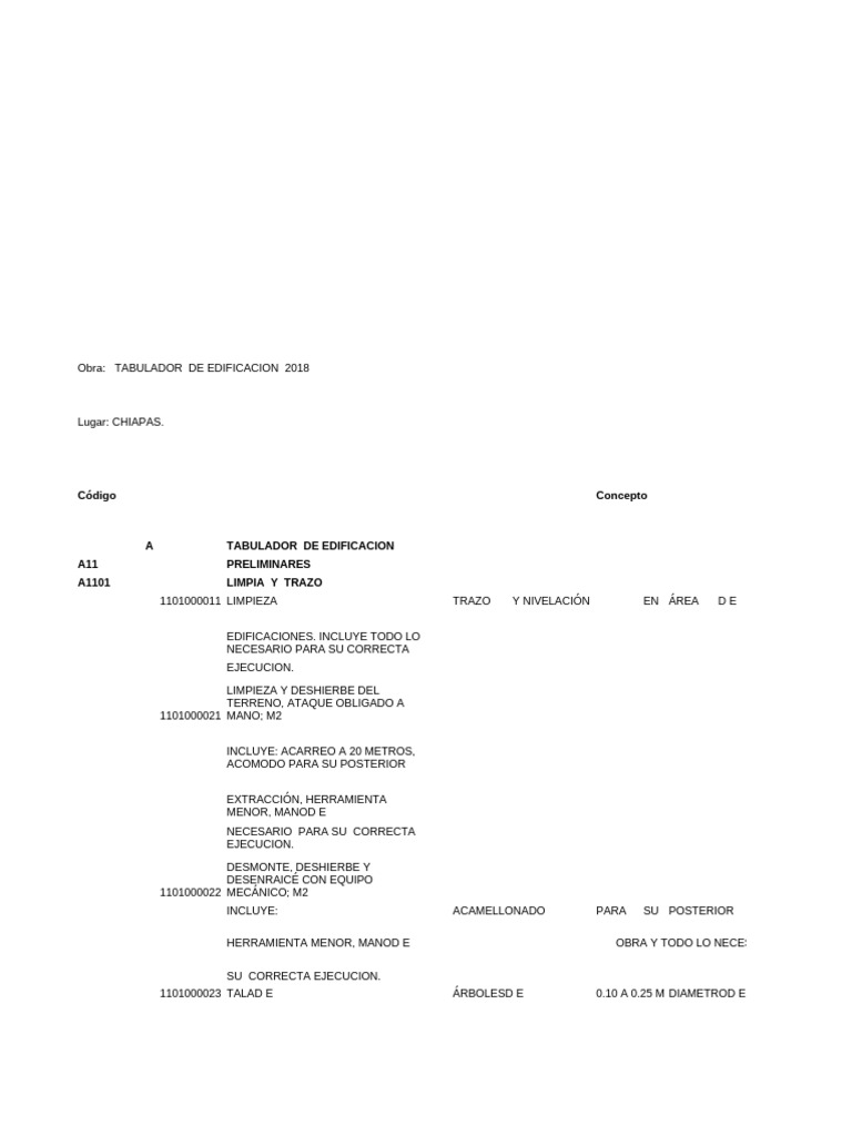 Tabulador Edificacion 2018 | PDF