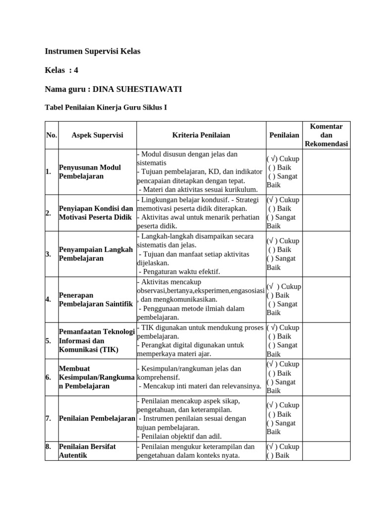 Instrumen Supervisi Kelas 4 | PDF