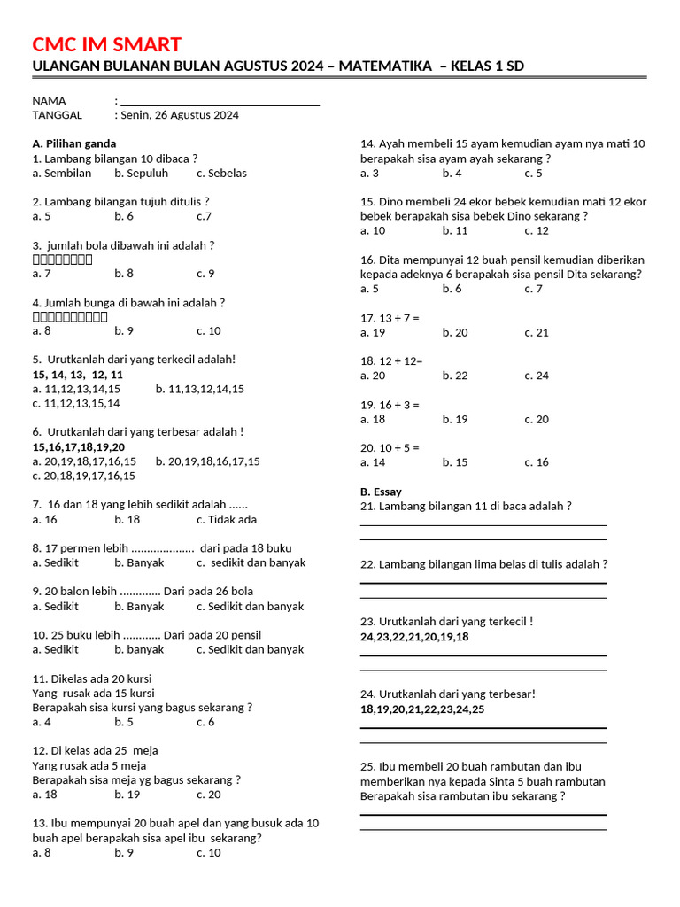 1 SD Matematika, 26 Agus | PDF