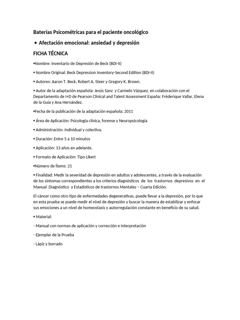 Baterías Psicométricas Evaluación Psicooncológica | PDF