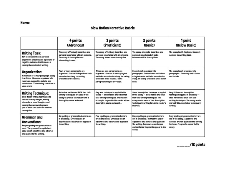 Student Copy of Slow Motion Narrative Rubric | PDF | Adverb | Adjective