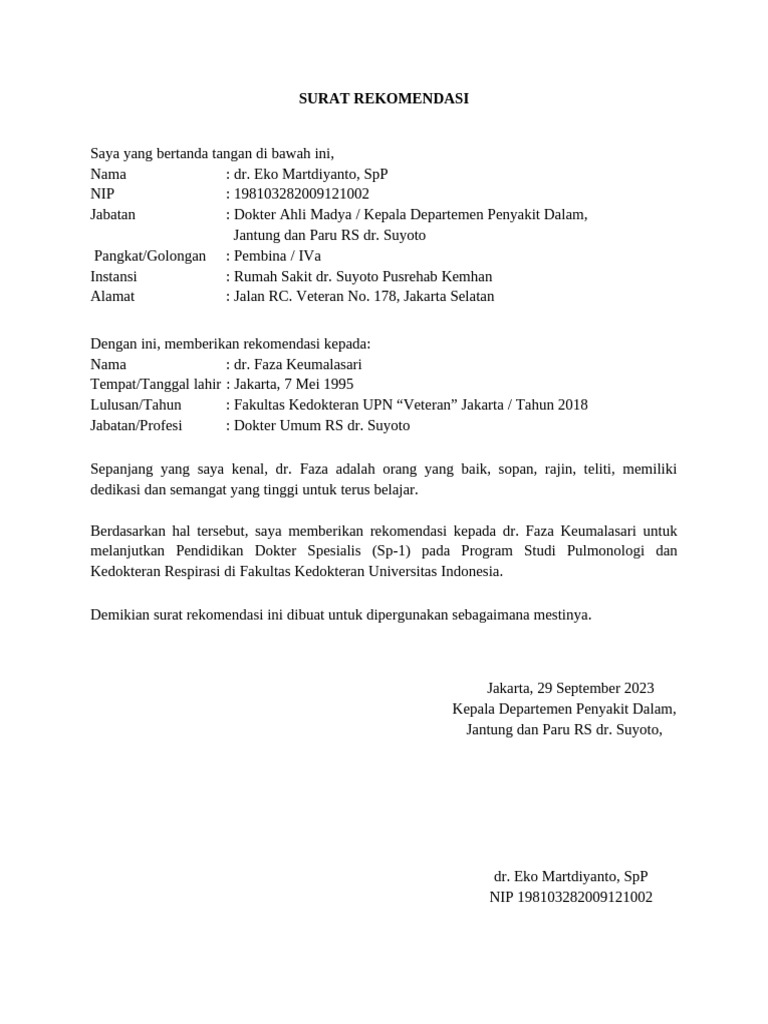 Contoh Surat Rekomendasi | PDF