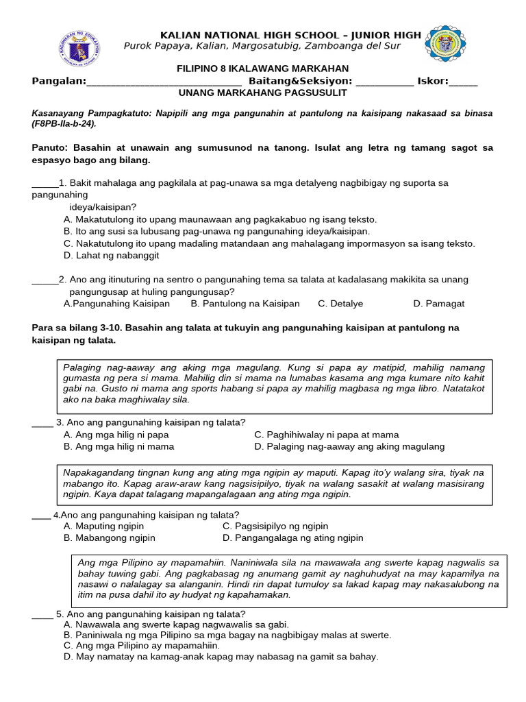 Second Grading Exam Filipino 8 | PDF