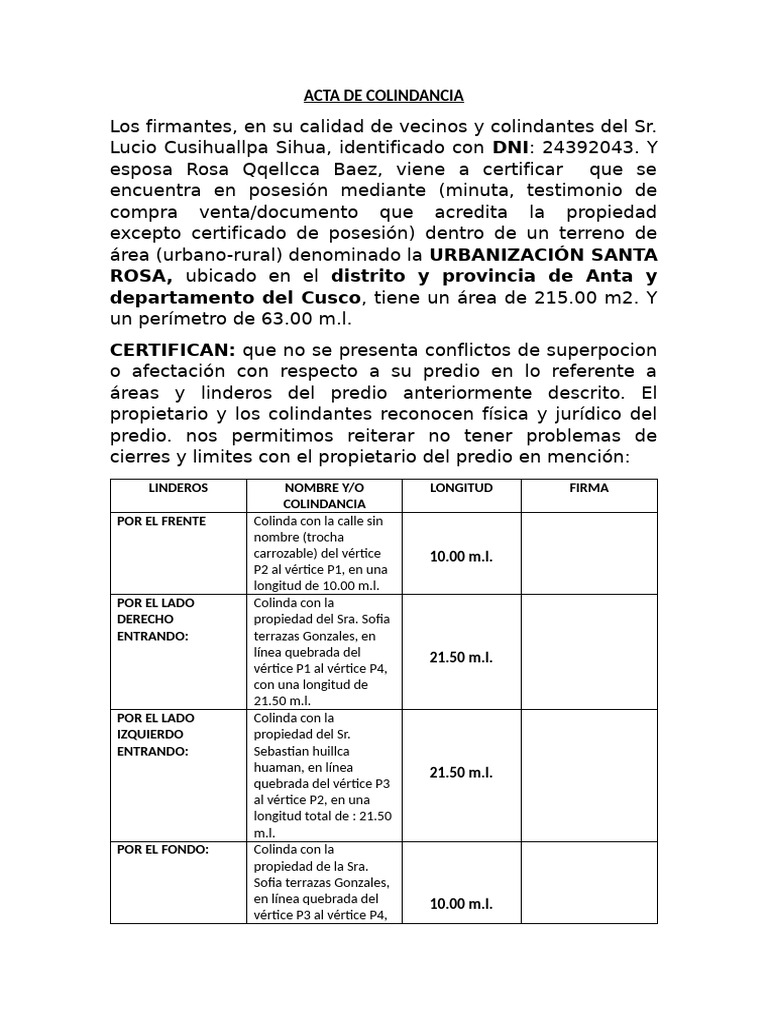 Acta de Colindancia | PDF