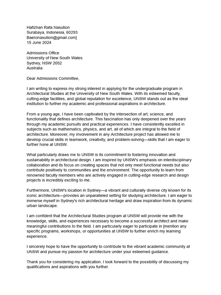 Motivation Letter UNSW | PDF