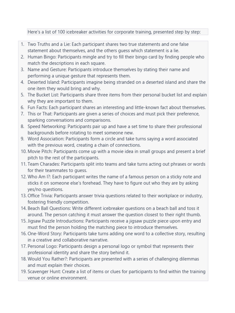 Leadership Icebreaker Activities List | PDF | Leadership | Career & Growth