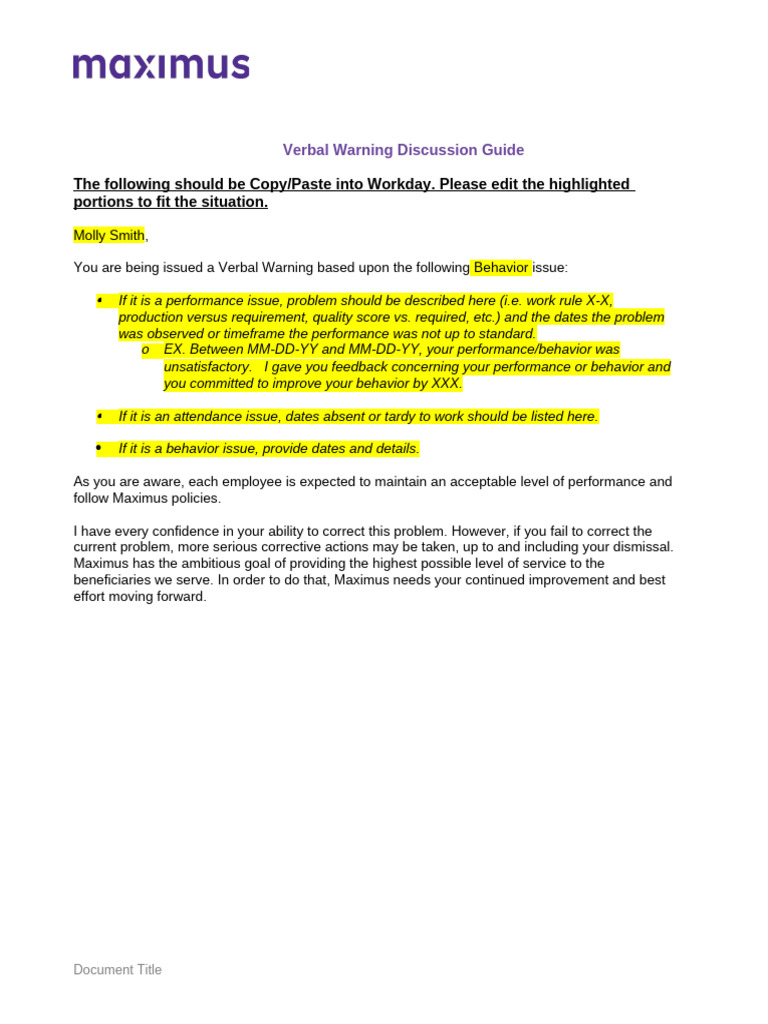 Maximus-Word-Verbal Warning Template (1) | PDF