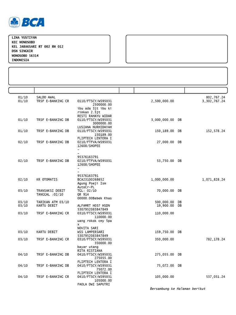 Contoh Mutasi Rek Koran | PDF