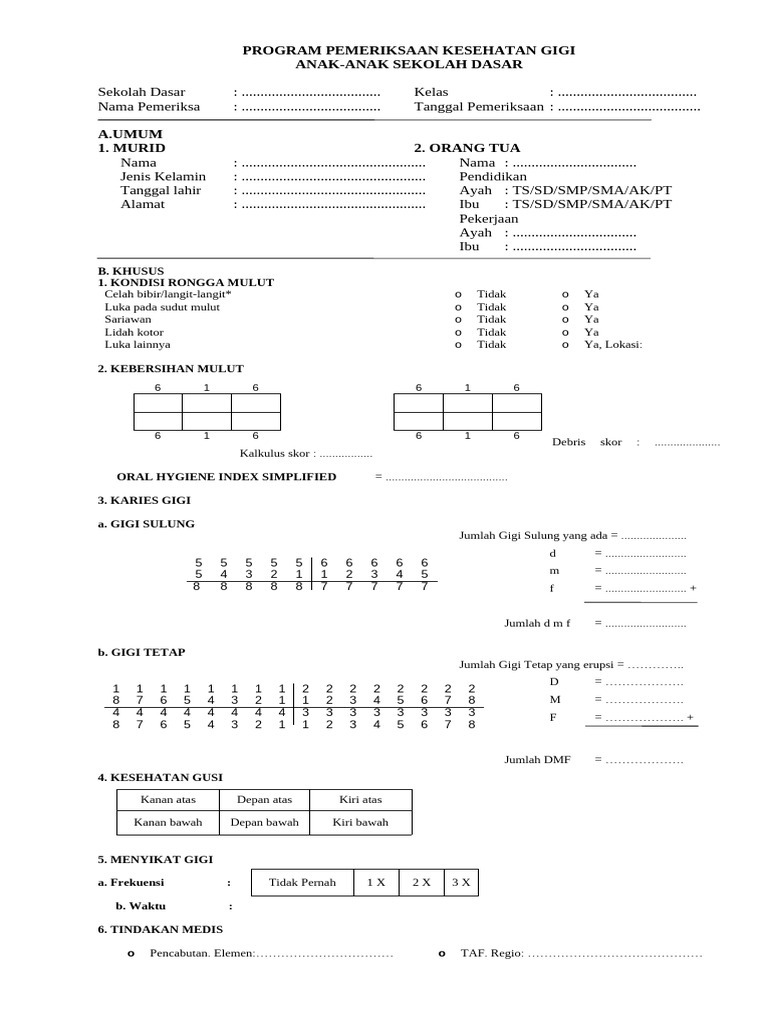 Form Pemeriksaan Gigi SD | PDF