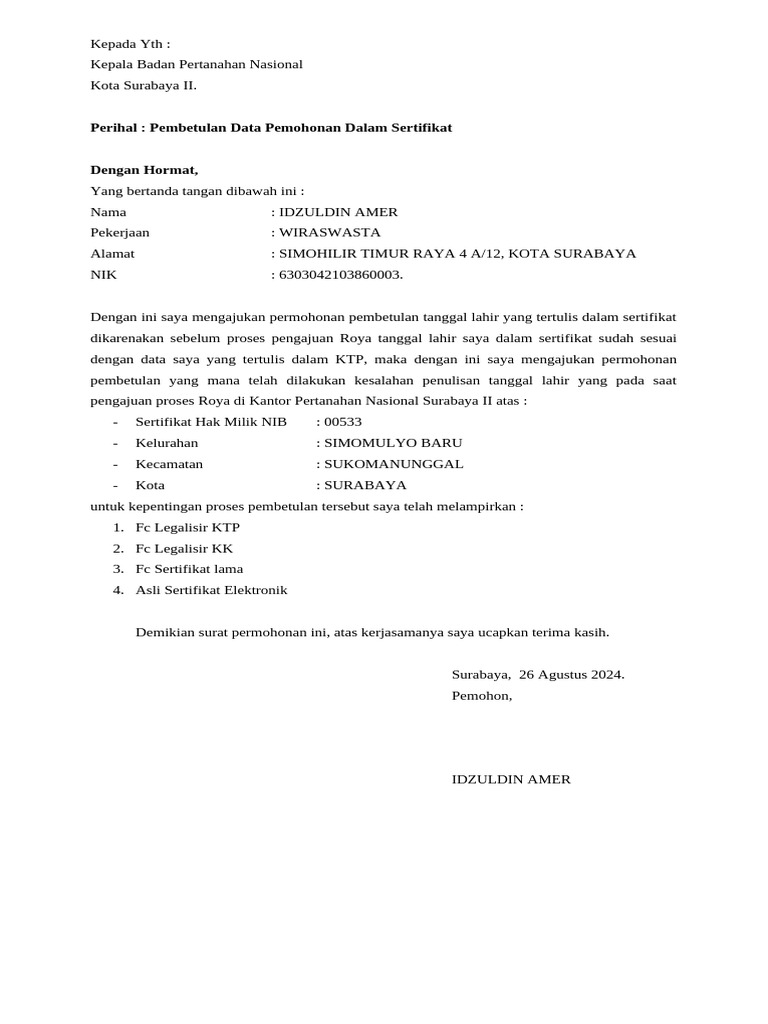 Surat Permohonan Revisi BPN | PDF