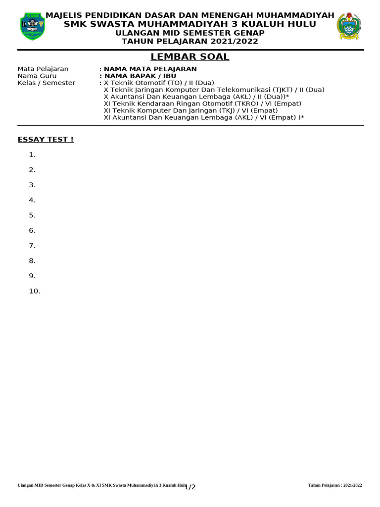 Format Soal Ulangan Mid Semester Genap 2022 | PDF