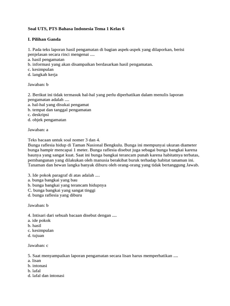 Soal UTS, PTS Bahasa Indonesia Tema 1 Kelas 6 | PDF