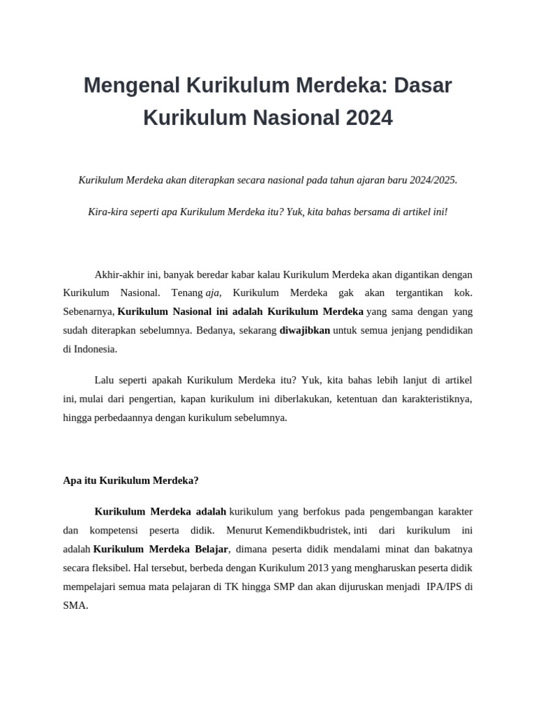 Mengenal Kurikulum Merdeka Dasar Kurikulum Nasional 2024 | PDF