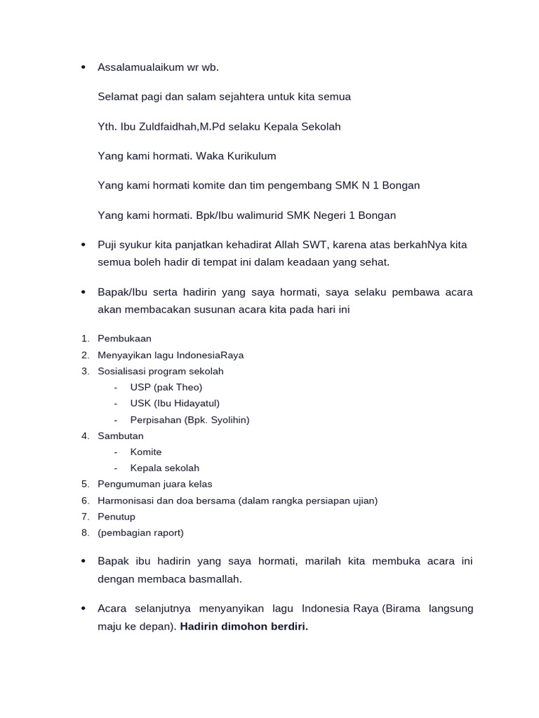 susunan acara penerimaan raport | PDF