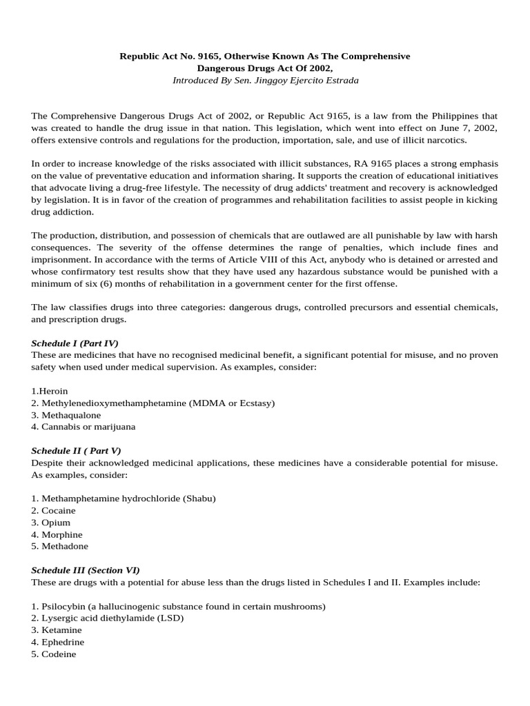 Republic Act No. 9165, Otherwise Known As The Comprehensive Dangerous Drugs Act of 2002 | PDF