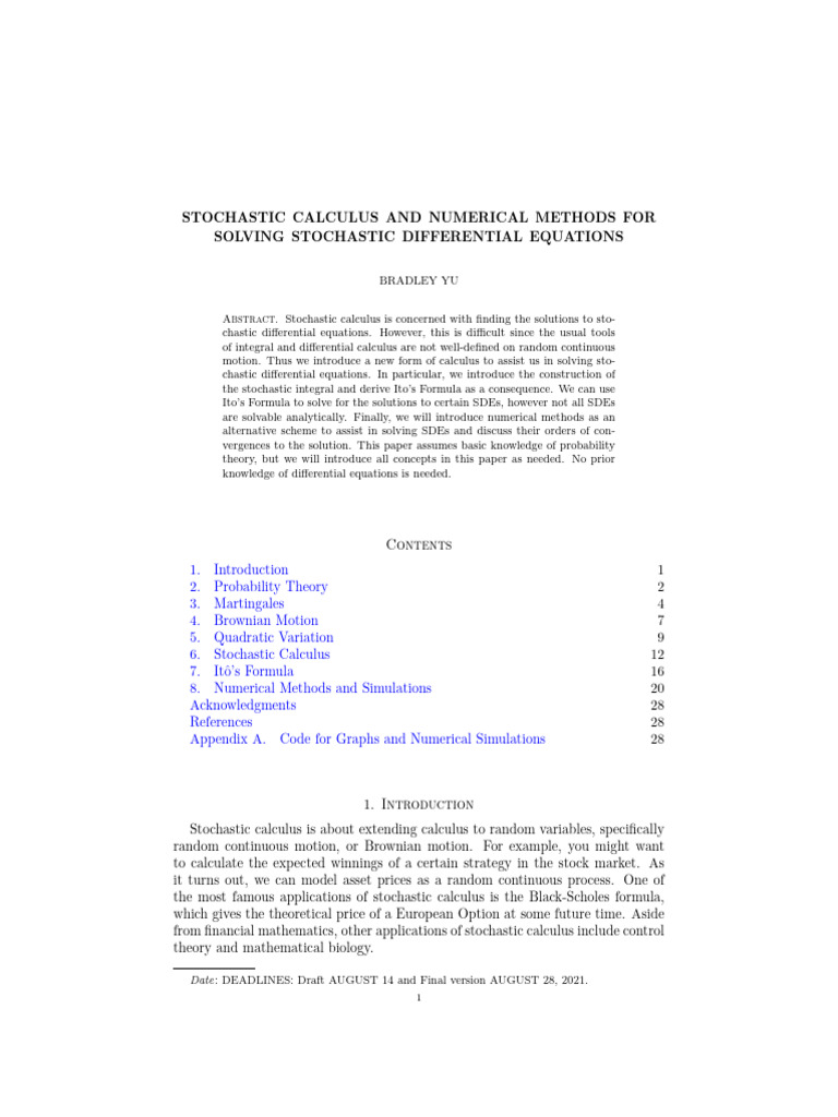 Stochastic Calculus and Numerical Methods For | PDF