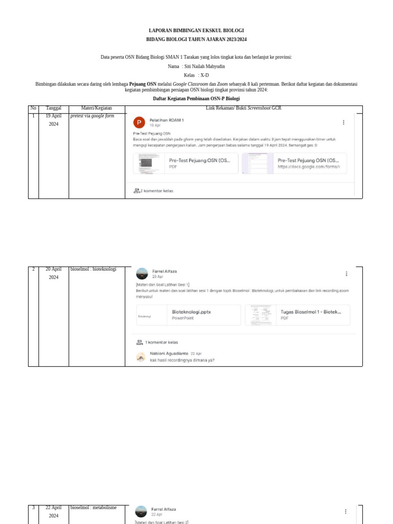 LAPORAN BIMBINGAN OSN MENUJU PROV | PDF
